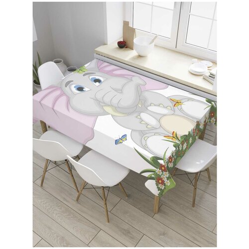 Скатерть прямоугольная JoyArty на кухонный стол "Слоненок в цветах" из оксфорда, 180x145 см