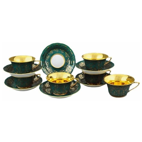 Набор чайных пар 100 мл 6 шт низкие Leander "Виндзор /Золотые цветы /зелёные" 1 / 158674