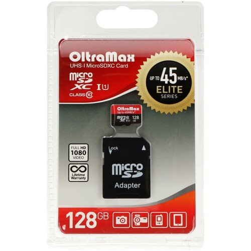 Карта памяти OltraMax MicroSD, 128 Гб, SDHC, UHS-1, класс 10, 45 Мб/с, с адаптером SD