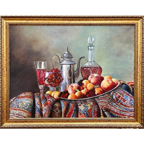 Картина маслом "Натюрморт с вишней и персиками"