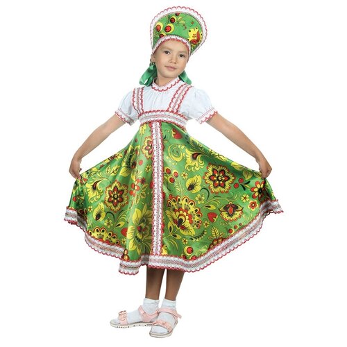 Русский народный костюм Страна Карнавалия "Хохлома", платье, кокошник, цвет зелёный, размер  30, рост 110-116 см