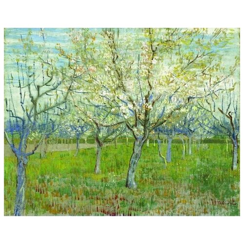 Репродукция на холсте Сад с цветущими абрикосовыми деревьями (Orchard with blossoming apricot trees) Ван Гог Винсент 38см. x 30см.
