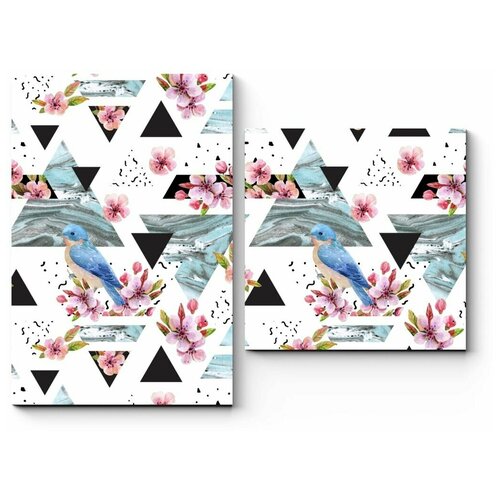Модульная картина Птицы, цветы и треугольники 90x68