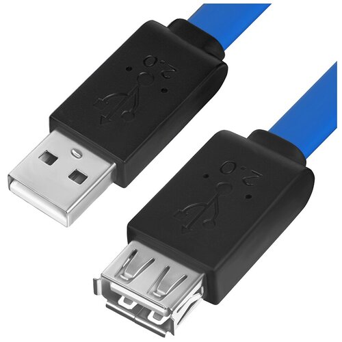 GCR Удлинитель PROF 1.8m USB 2.0, AM/AF, плоский синий, черный ПВХ, морозостойкий