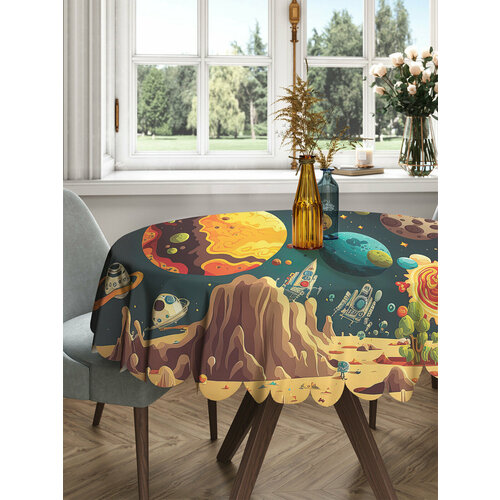 Скатерть круглая тканевая на стол JoyArty с рисунком "Миниатюра планет" 150 на 150 см