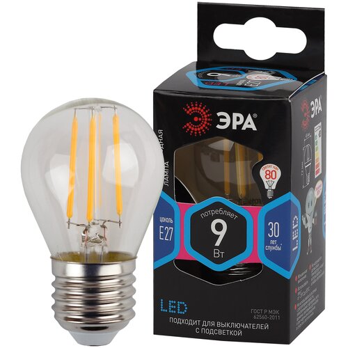 Лампа светодиодная филаментная ЭРА E27 9W 4000K прозрачная F-LED P45-9w-840-E27 Б0047029