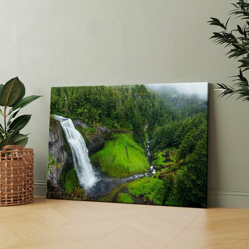 Картина на холсте (Водопад посреди леса) 20x30 см. Интерьерная, на стену.