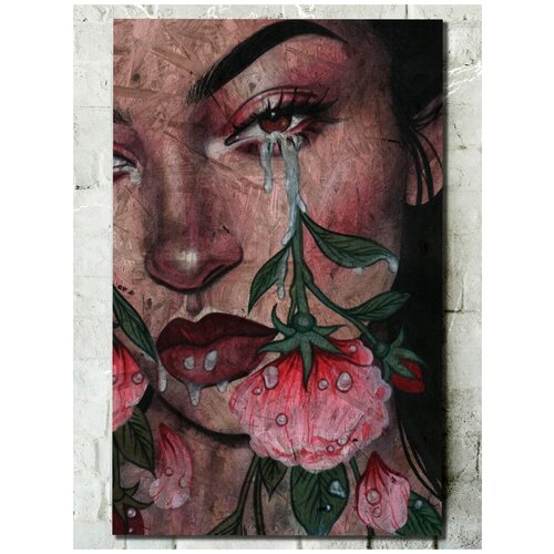 Картина интерьерная на рельефной доске красочная девушка (цветы, макияж) - 7845 В