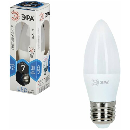 Лампа светодиодная ЭРА, 7 (60) Вт, цоколь E27, "свеча", холодный белый свет, 30000 ч, LED smdB35-7w-840-E27