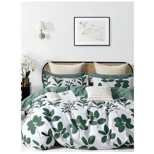 Комплект постельного белья GoodNight В155 с компаньоном, 2-спальное с европростыней, хлопок, белый/зеленый