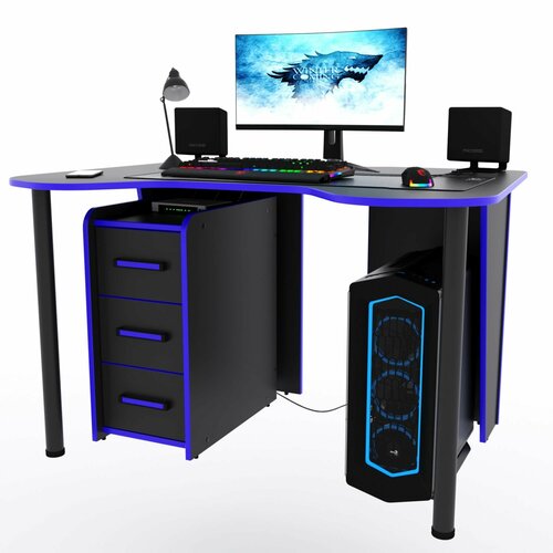 Игровой компьютерный стол "Старк" с тумбой, 120x90x75 см, чёрный с синий кромкой