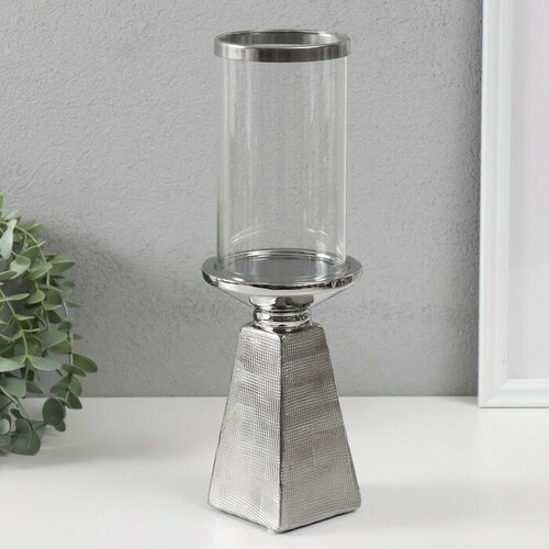 SUI Подсвечник керамика, стекло на 1 свечу "Буэно" d=7,5 см серебро 9,5х9,5х29,5 см