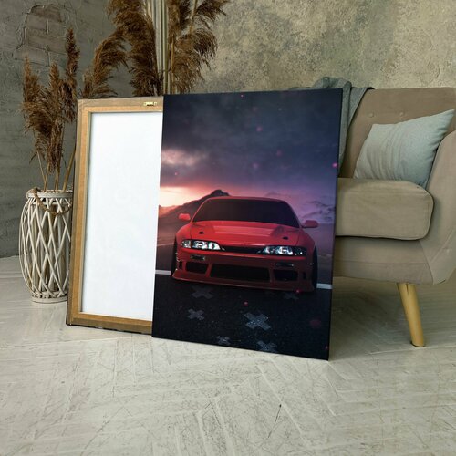 Картина на холсте "Красная машина припаркована на обочине дороги" 50x70 см. Интерьерная, на стену.