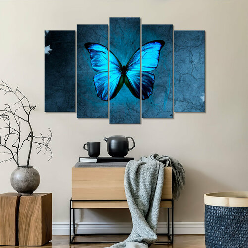 Модульная картина/Модульная картина на холсте/Модульная картина в подарок/ Голубая бабочка на синеМфоне - Blue butterfly on a blue background 125х85