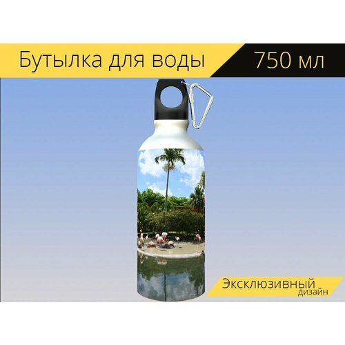 Бутылка фляга для воды "Фламинго, майами, зоопарк" 750 мл. с карабином и принтом