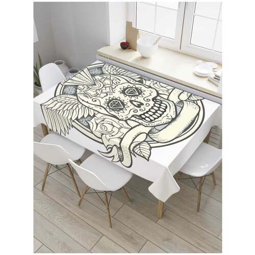 Скатерть прямоугольная JoyArty на кухонный стол "Графический череп с крыльями" из оксфорда, 120x145 см