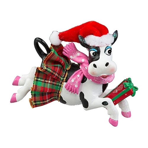 Елочная игрушка Holiday Classics Корова "Рождество к нам мчится" 208976A, белый/красный, 7.5 см