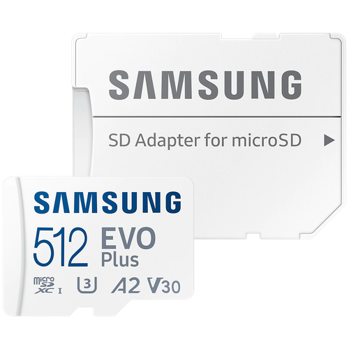 Карта памяти Samsung microSDXC 512 ГБ Class 10, V30, A2, UHS-I U1, R 130 МБ/с, адаптер на SD, 1 шт., белый