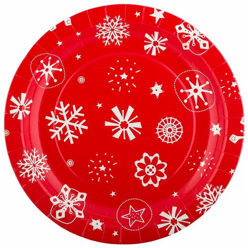 Тарелки бумажные 36 шт. d18 см "BOOMZEE" "Круглые" TRL-01 №10- снежинки на красном фоне