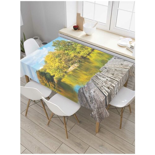 Скатерть прямоугольная JoyArty на кухонный стол "Деревянный мост у озера" из оксфорда, 180x145 см