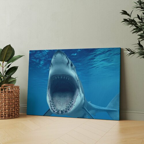 Картина на холсте "Акула с открытым ртом в воде" 20x30 см. Интерьерная, на стену.
