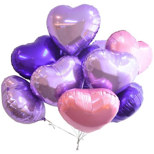 Букет из фольгированных воздушных шаров Сиреневое сердце с гелием, 10 шт