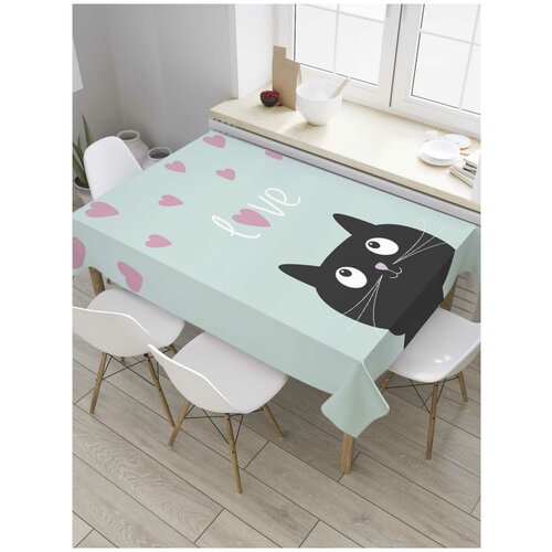 Скатерть прямоугольная JoyArty на кухонный стол "Влюбленный кот" из оксфорда, 120x145 см