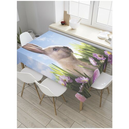 Скатерть прямоугольная JoyArty на кухонный стол "Заяц и пасхальные яйца" из оксфорда, 120x145 см