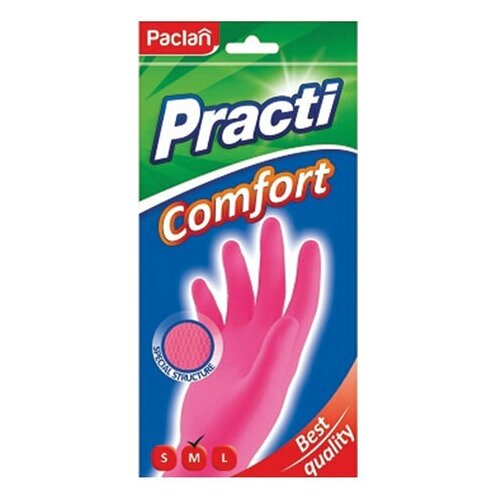 Перчатки хозяйственные латексные хлопчатобумажное напыление размер M (средний) розовые PACLAN "Practi Comfort", 5 шт