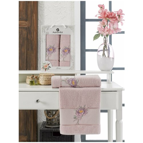 Подарочный набор полотенец для ванной 50х90, 70х140 Merzuka LOTUS хлопковая махра светло-розовый