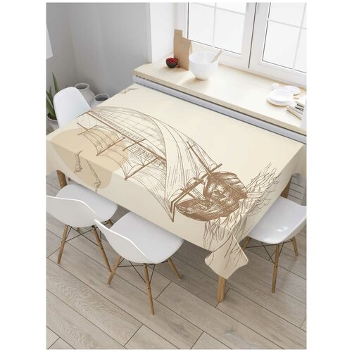 Скатерть прямоугольная JoyArty на кухонный стол "Начертания корабля в море" из оксфорда, 180x145 см