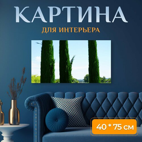 Картина на холсте "Кипарис, сиреневое поле, лаванда" на подрамнике 75х40 см. для интерьера