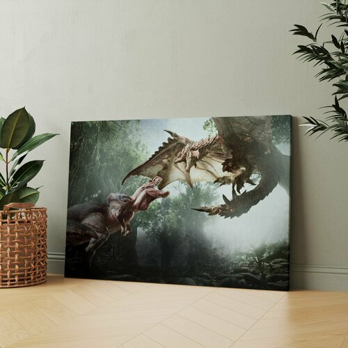 Картина на холсте "Дракон атакует динозавра в лесу" 20x30 см. Интерьерная, на стену.