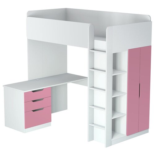 Кровать-чердак POLINI KIDS SIMPLE С письменным столом И шкафом, белый-роза
