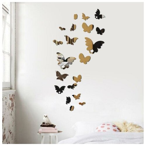 Наклейки интерьерные "Бабочки", зеркальные, декор на стену, набор 20 шт