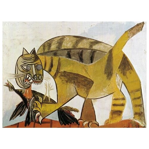 Репродукция на холсте Кошка пожирающая птицу (Cat devouring bird ) Пикассо Пабло 68см. x 50см.