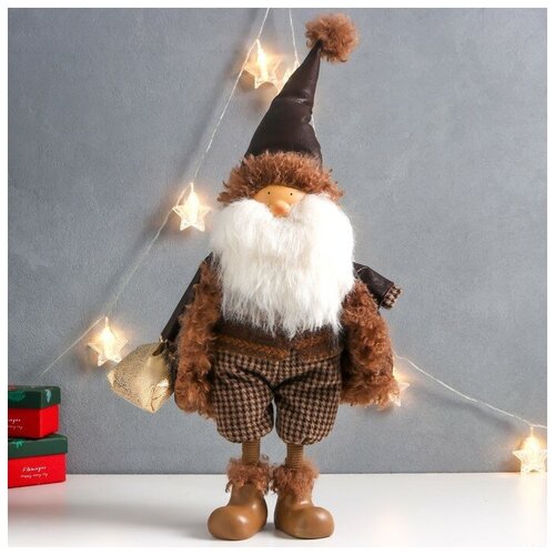Кукла интерьерная "Дед Мороз в коричневой шубке с мешком подарков" 27х14х62 см 7669174