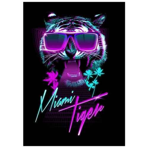 Интерьерный постер на стену картина для интерьера в подарок плакат "Miami Tiger" размера 50х70 см 500*700 мм в черной раме для декора