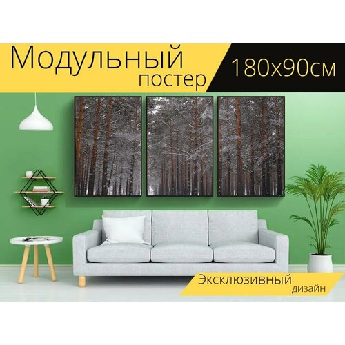 Модульный постер "Лес, деревья, зимний лес" 180 x 90 см. для интерьера