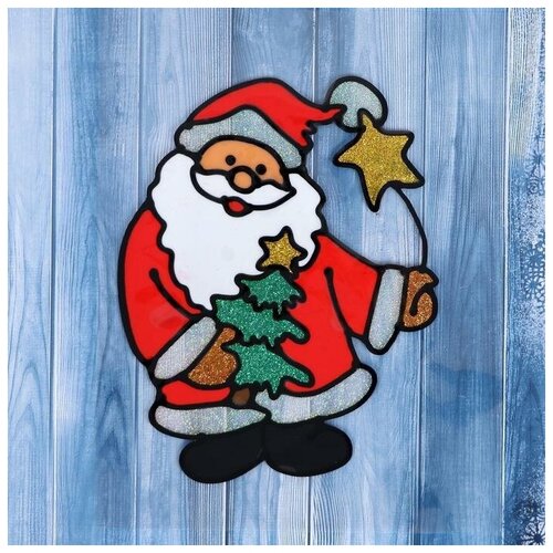 Наклейка на стекло Дед Мороз с ёлкой и звёздочкой 14,5х18 см, 4 шт