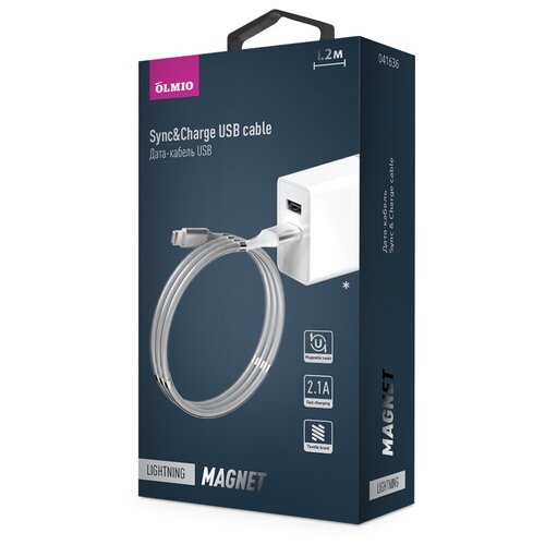 Кабель 2,0 8-pin USB 1,2 м 2.1 A белый magnet Olmio *Гт 041636