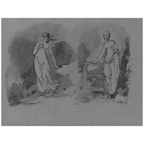 Репродукция на холсте Две женщины в классическом платье, на открытом воздухе (из альбома для рисования) Салли Томас 39см. x 30см.