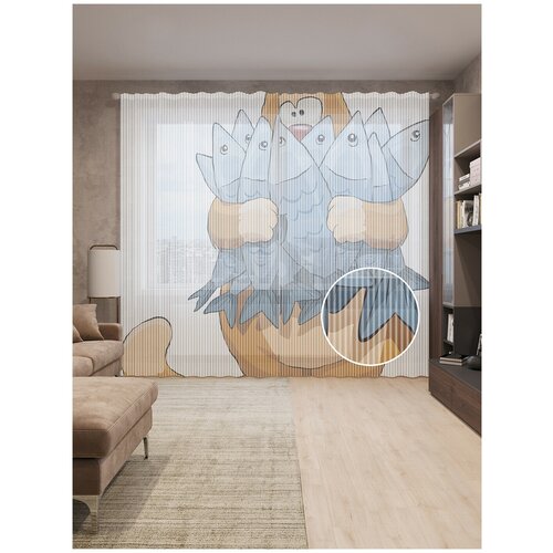 Тюль вуаль на шторной ленте с принтом "Кошачий букет" для гостиной, зала, кухни, спальни, детской, 310х265 см; Оранжевый, голубой