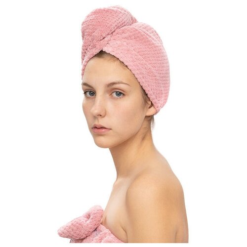 Тюрбан - повязка для сушки волос 25х65см, соты, розовый
