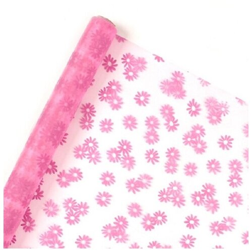 Органза с рисунком "Цветы" розовая для упаковки цветов и подарков в рулоне, 70см*10ярд