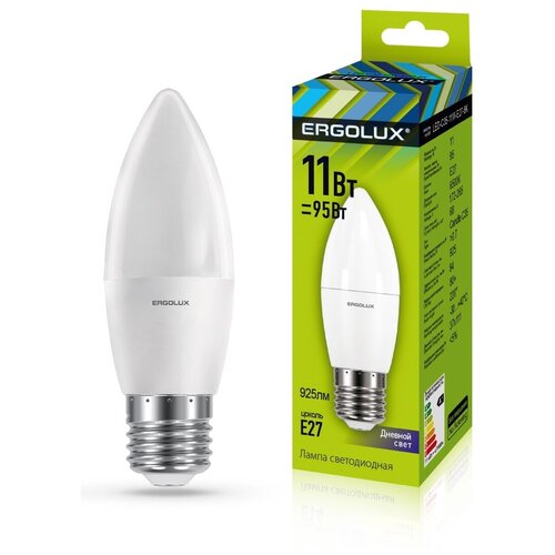 Лампочка Ergolux LED-C35-11W-E27-6K, Холодный белый свет, E27, 11 Вт, Светодиодная