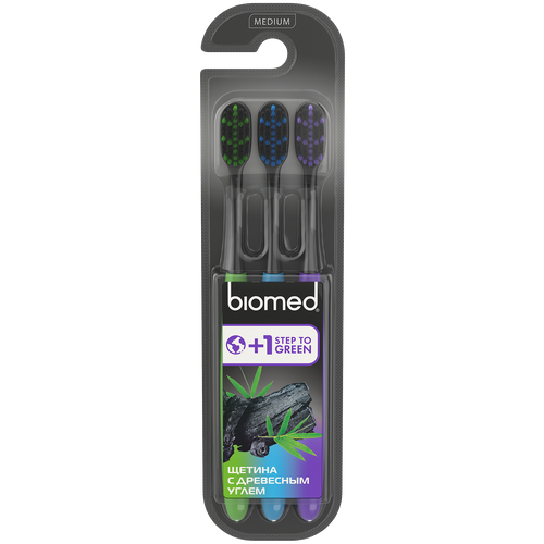 Зубная щетка Biomed Black Medium, зеленый/голубой/фиолетовый, 3 шт.