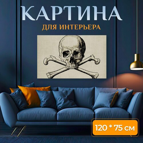 Картина на холсте "Череп, поперечная кость, стимпанк" на подрамнике 120х75 см. для интерьера