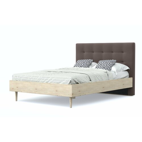 Двуспальная кровать альмена 160х200, с мягким изголовьем, коричневый-сосна, велюр, массив дерева, на ножках