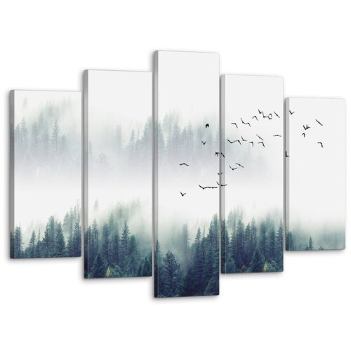 Модульная картина на стену, для интерьера "Птицы над туманным лесом" 80x140 см